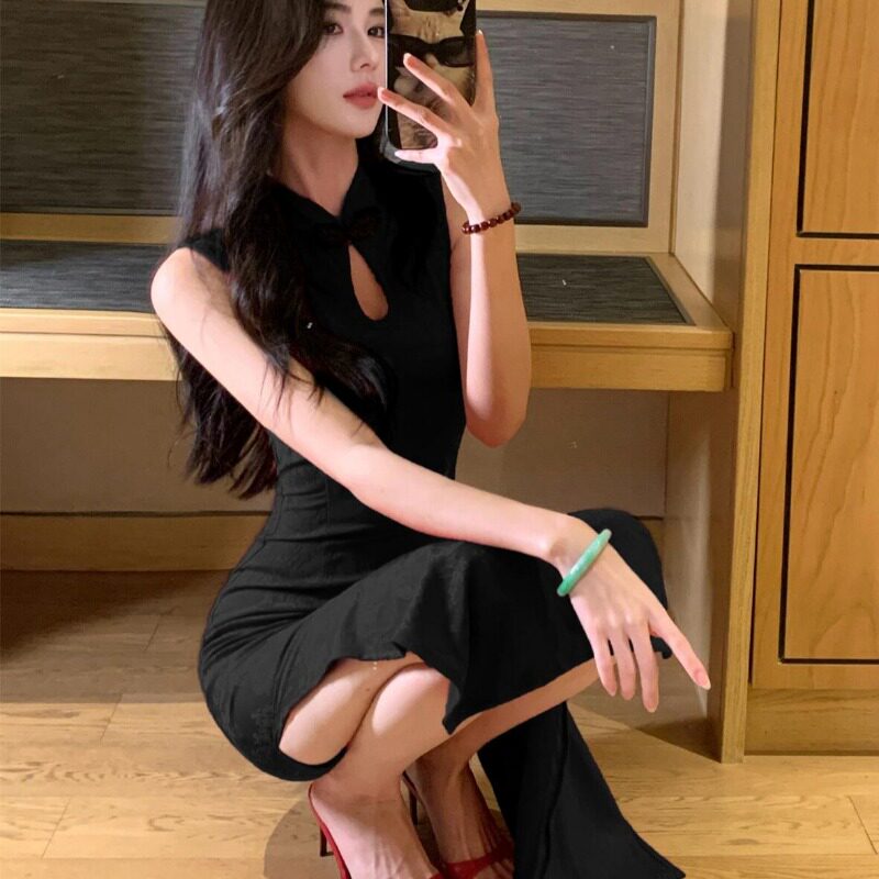 改良旗袍女新中式复古收腰性感开叉轻奢高级感绝美无袖洋装女夏