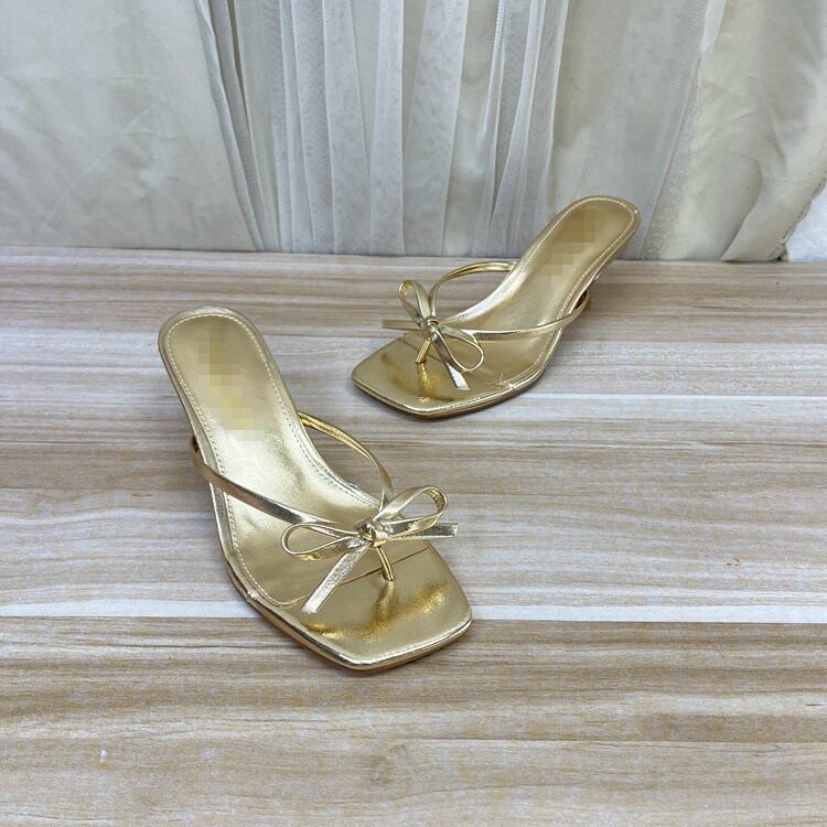 Lady Shoes外贸原单女鞋新款时尚方头纯色夹趾蝴蝶结细跟凉拖鞋