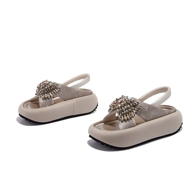 羊皮水钻蝴蝶节鱼嘴露趾厚底女凉鞋2025夏季新款百搭外穿沙滩鞋