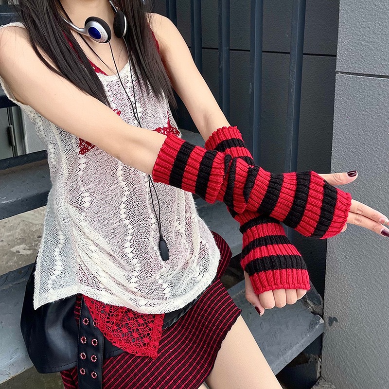 拼色条纹毛线手套秋冬新款中长款露指女保暖时尚针织臂套条纹袖套