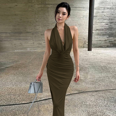 法式挂脖女新款欧美露背包臀气质高级感连衣裙Fashion Maxi Dress