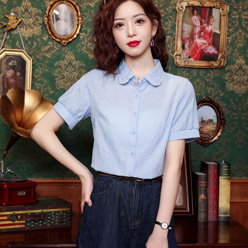 提花纯棉衬衫女士洋气全棉短袖2026年夏季新款时尚减龄新中式上衣