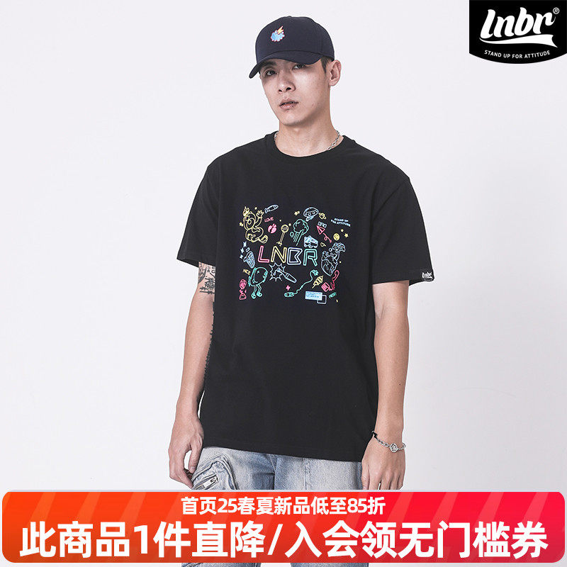 LNBR熊电2021原创彩虹印花黑色T恤宽松卡通趣味圆领短袖2色入大码