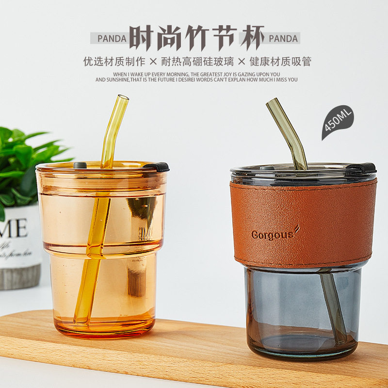 Portable Glass Straw Cup Bamboo Cup Milk Tea Coffee Cup Beverage Milk ...