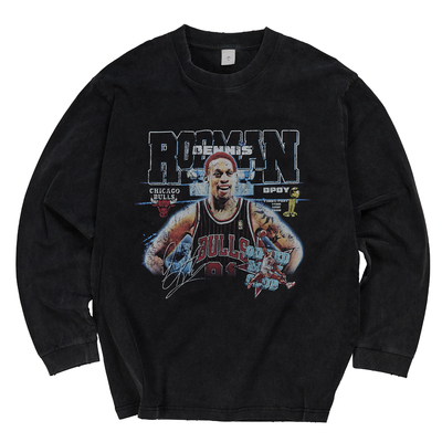 280g大虫罗德曼印花复古做旧长袖T恤美式宽松公牛球星newvintage