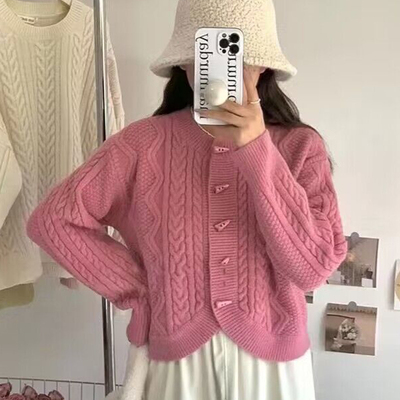 圆领韩版小香风针织麻花薄毛衣