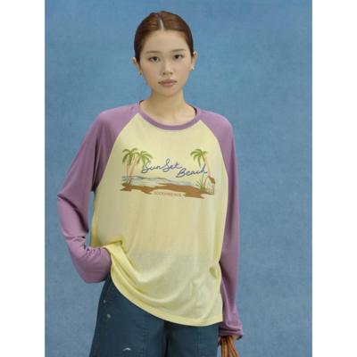 好朋友复古商店复古椰林度假宽松莱赛尔纤维插肩袖撞色罩衫