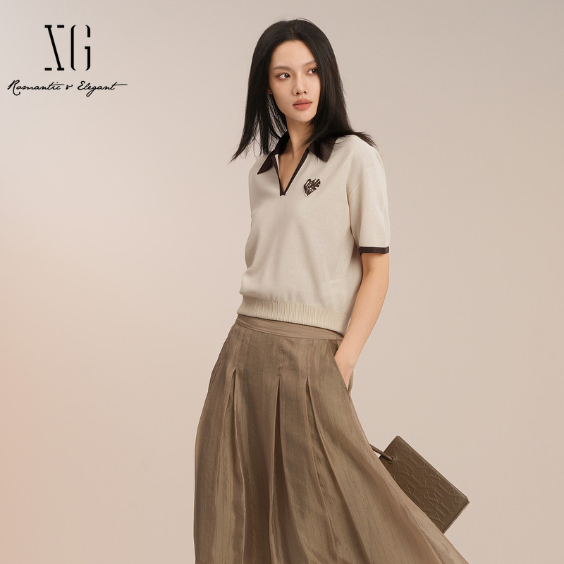 XG/雪歌25夏季新款V领撞色百搭显瘦短袖针织衫女上衣XK211020A291