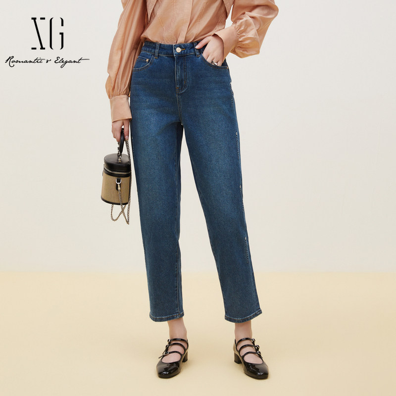 XG雪歌时尚锥形窄脚猫须磨白牛仔裤24秋新款百搭长裤XJ302009A319