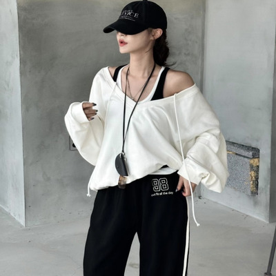 慵懒宽松大领口系带长袖潮款卫衣