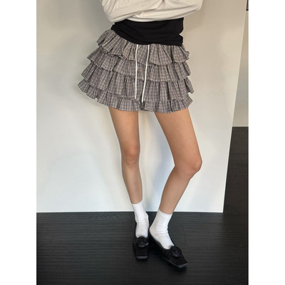松紧腰格纹层叠防走光半身短裙