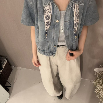诺诺欧货简约休闲短袖百搭牛仔外套(配丝巾)91B7911