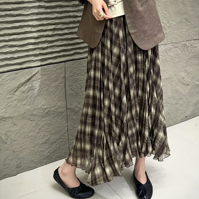 诺诺上新妍色原创复古格子压褶不对称松紧半身裙(含70真丝)3758