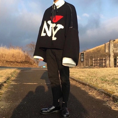 套头纯棉圆领字母提花短款毛衣