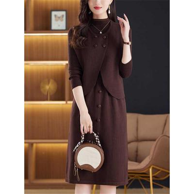 两件套针织连衣裙女中长款秋冬装2025新款妈妈配大衣毛衣打底套装