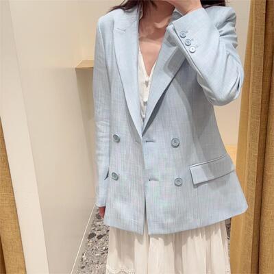 maSande2025春夏新款女装法式天蓝色长袖修身挺阔西装外套MFPVE00