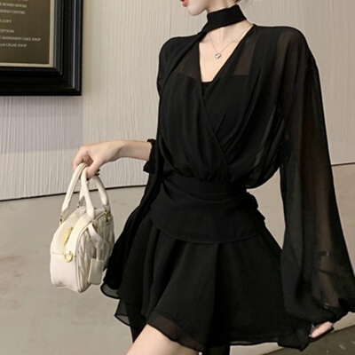 雪纺显瘦短裙长袖衬衫连衣裙女