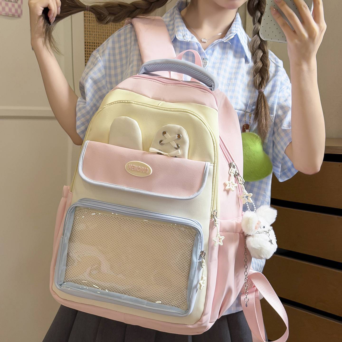 官方正品奶油系淡蓝波点拼接少女痛包兔耳朵蝴蝶结日系软妹学生党