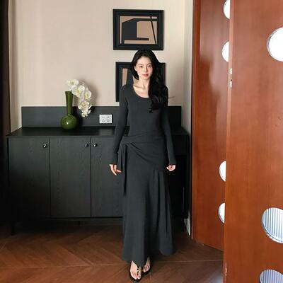 秋冬简约气质披肩长裙连衣裙套装