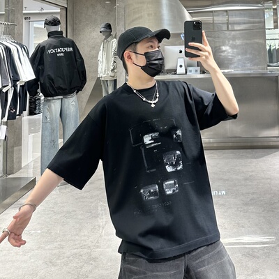 潮牌初秋重磅短袖T恤男ins美式个性涂鸦印花宽松青年帅气半袖潮t