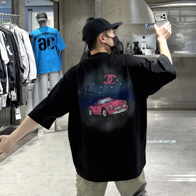 潮牌春夏重磅短袖T恤男ins国潮手绘卡通车涂鸦宽松青年情侣半袖t