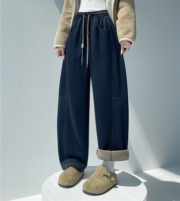 2025冬季新款女镰刀裤加绒加厚直筒阔腿牛仔裤宽松复古保暖老爹裤