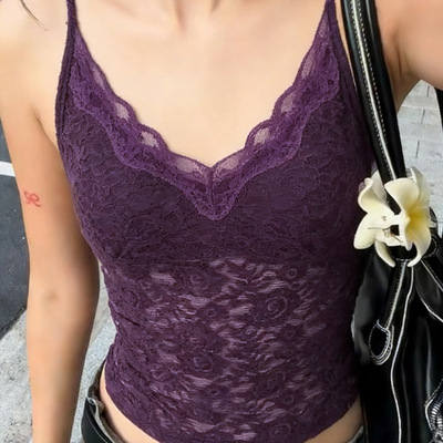 Dreamy 性感女人风紫色蕾丝吊带V领细肩带打底辣妹气质百搭上衣女
