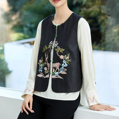 无袖坎肩刺绣对襟开衫优雅马甲