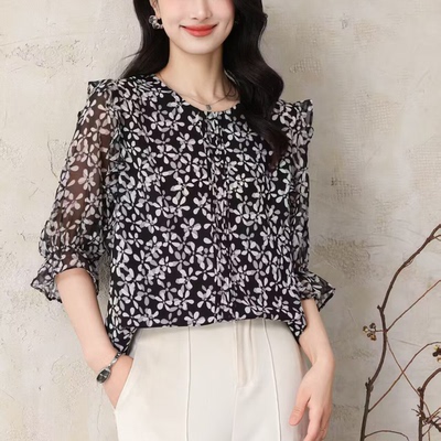 国风印花圆领真丝女中袖上衣小衫