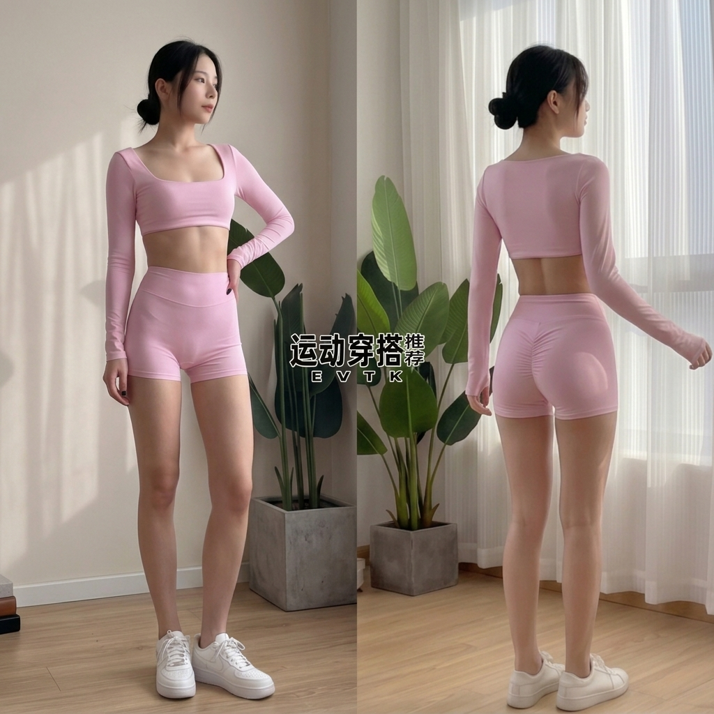 轻欧美风瑜伽套装女方领长袖款高腰提臀短裤健身跑步可外穿两件套