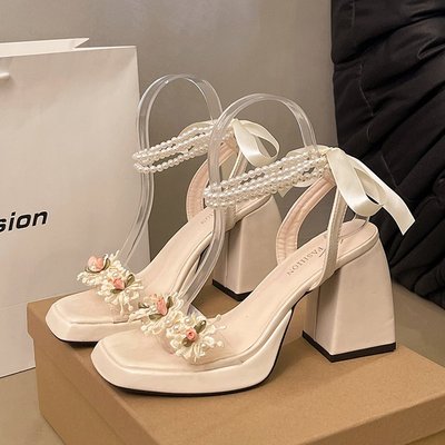 凉鞋女仙女风2025年夏季新款时尚百搭花朵气质粗跟露趾法式高跟鞋