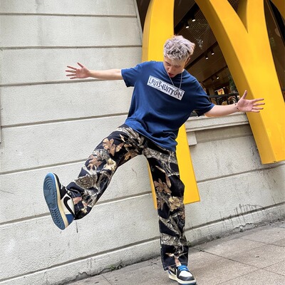 个性复古迷彩宽松直筒休闲裤