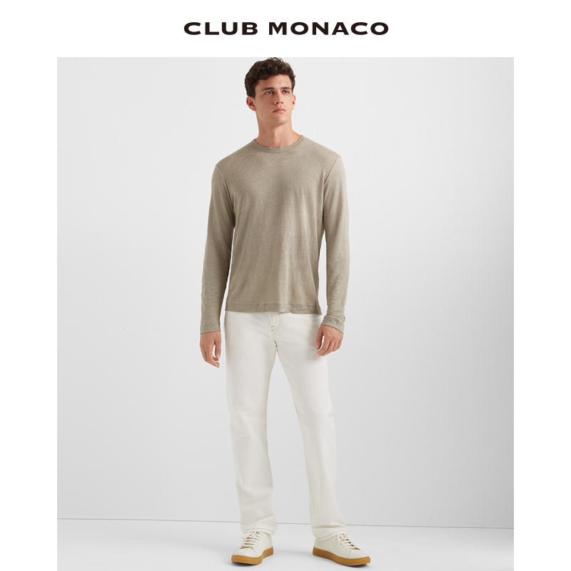 CLUB MONACO男装纯棉修身休闲白色直筒明线设计感牛仔长裤_虎窝淘