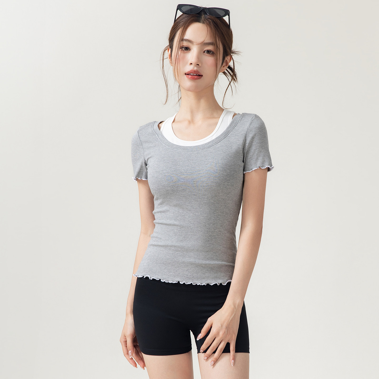 撞色健身服上衣木耳边收腰瑜伽服短袖女假两件紧身显瘦运动T恤夏