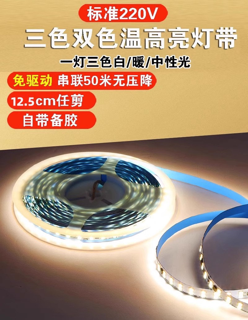 智能led灯带三色变光线性灯220V室内家用客厅双色温软灯带条自粘
