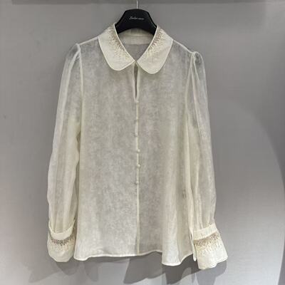 欧洲站2026新款韩系温柔风钉珠娃娃领微透雪花棉小众衬衫女1681