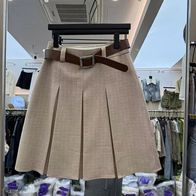 欧洲站2026新款时尚腰带款复古格纹显瘦百褶裙防走光短裙女25515