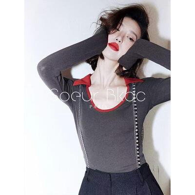 法国SOEUR BKAC秋季法式覆古撞色长袖针织衫女修身显瘦内搭打底衫