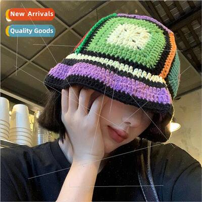 Colorful splicing knitted fishermans hat female ins flower p