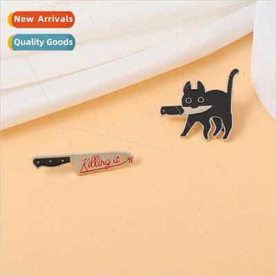 Black Cat Gripper Knife Brooch Black Cat Dagger English Meta