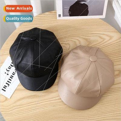 pu leather octagonal cap female fall and winter England retr