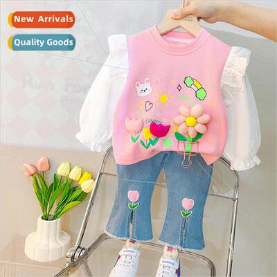 Spring childrens Korean  of the girls top jeans two-piece ne