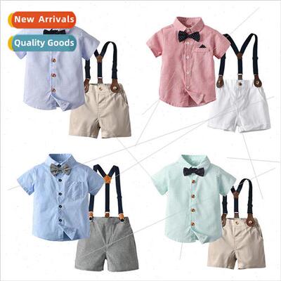 2023 summer  striped bow short-sleeved cardigan strappy shor