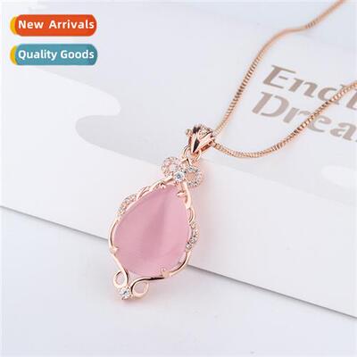 n silver-plated teardrop necklace female sweet natural pink