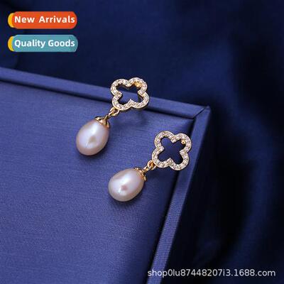S925 silver pin earrings natural freshwater pearl four-leaf