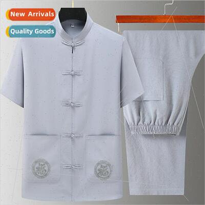 Thin short-sleeved shirt Chinese embroidery leisure father c