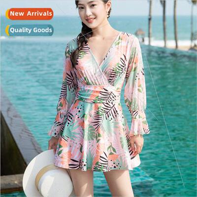 Long-sleeved swimsu female conservative one-piece skirt fat