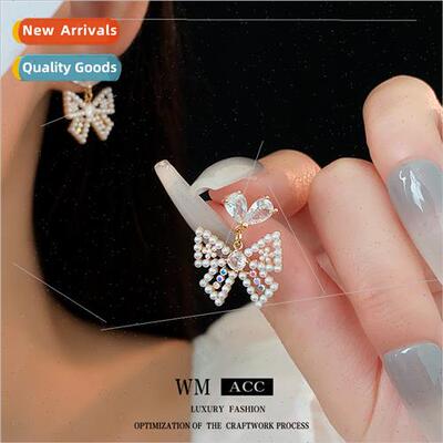 lver needle zirconia bow pearl earrings Korea hundred wh ear