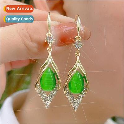 New geometric rhombus cat eye stone earrings female niche ea