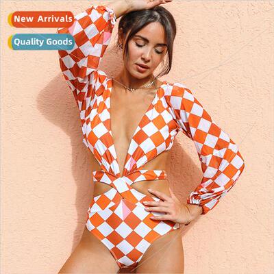 Retro plaid one-piece bikini long-sleeve swimsu women 2023 n
